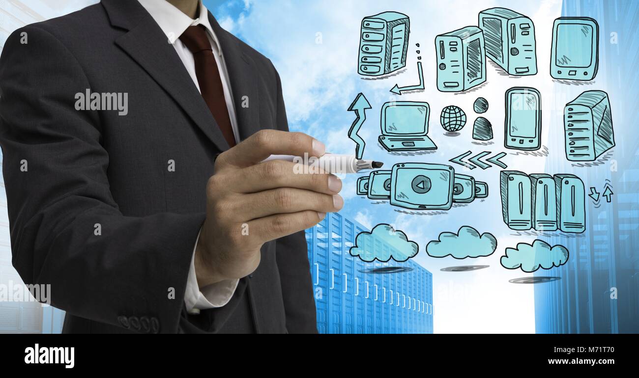 Servers network doodle being drawn by businessman's hand Stock Photo ...