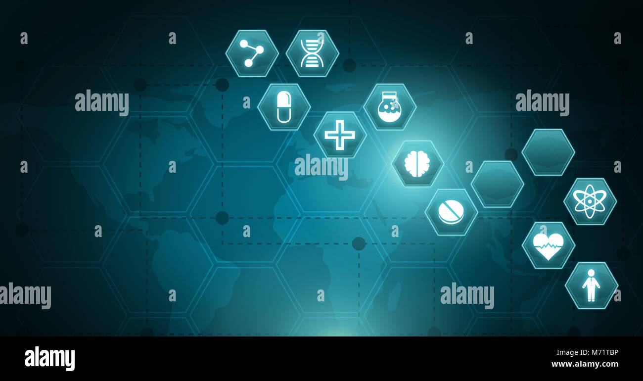 medical interface hexagon icons over world map Stock Photo - Alamy