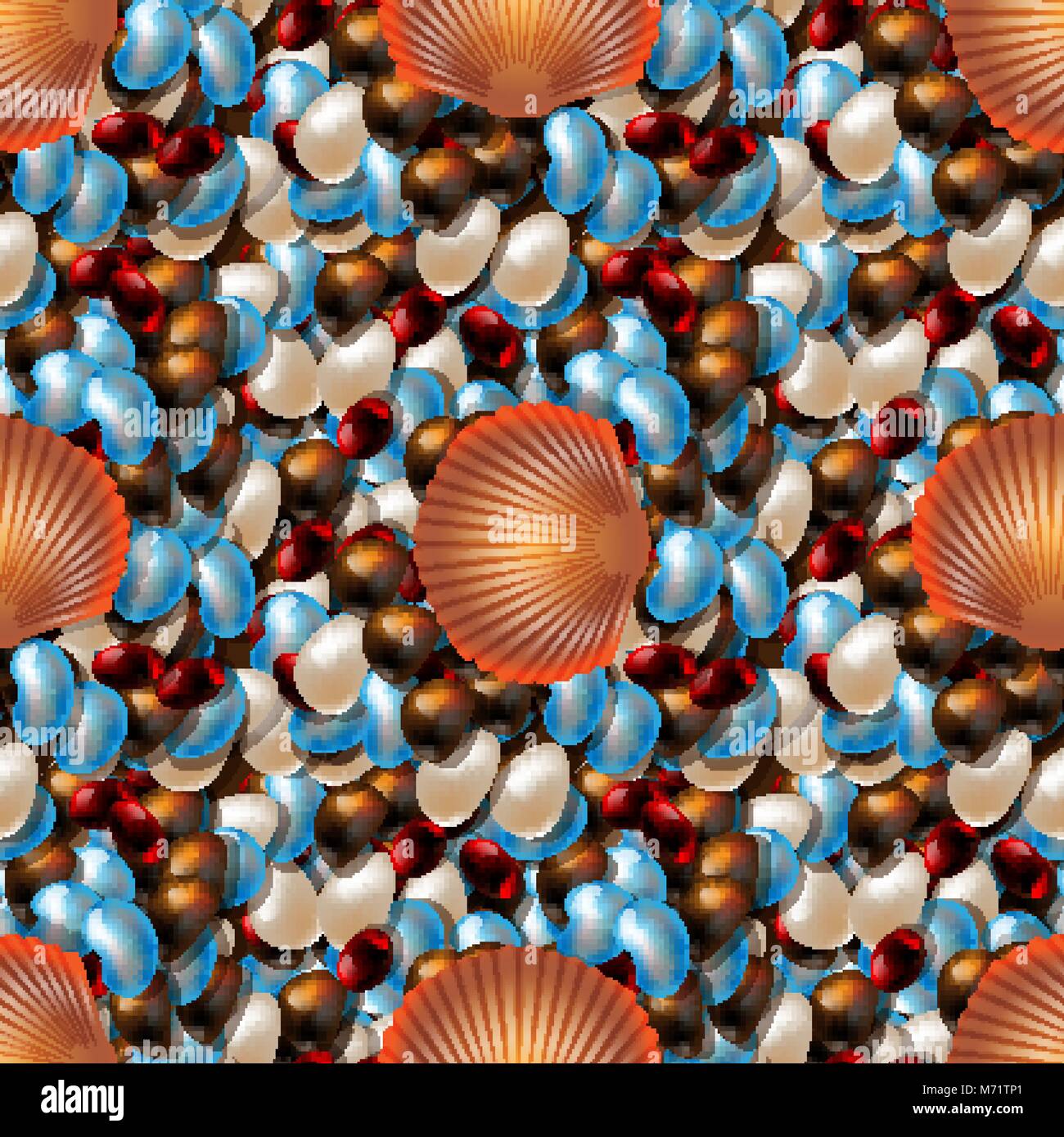 Ocean shore with colored sea stones. Sea pebble with shells seamless ...