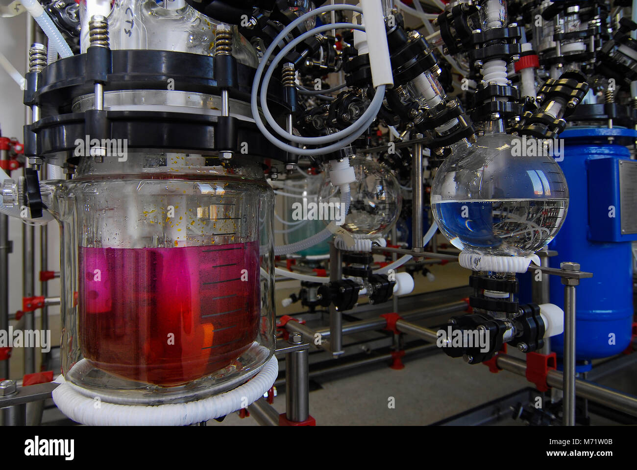 manufacture of medicines at a drug factory. crimson liquid in a flask ...