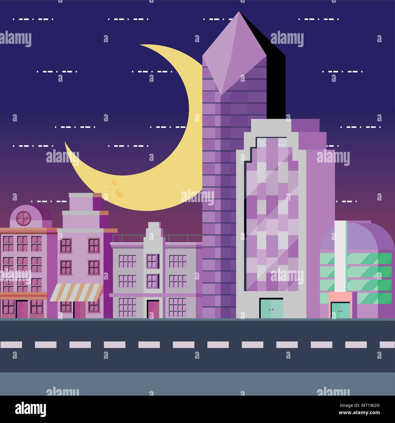 Old retro design of urban city landscape at the night, colorful design ...
