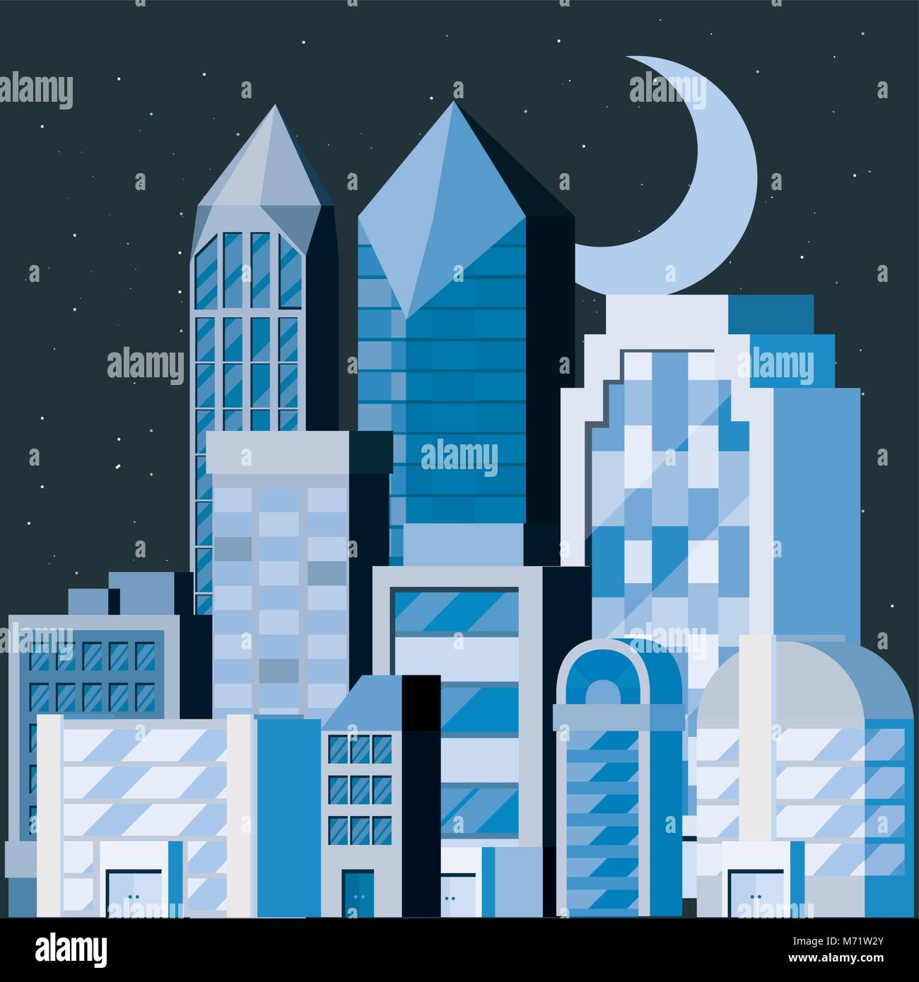 Old retro design of urban city landscape at the night, blue shading ...