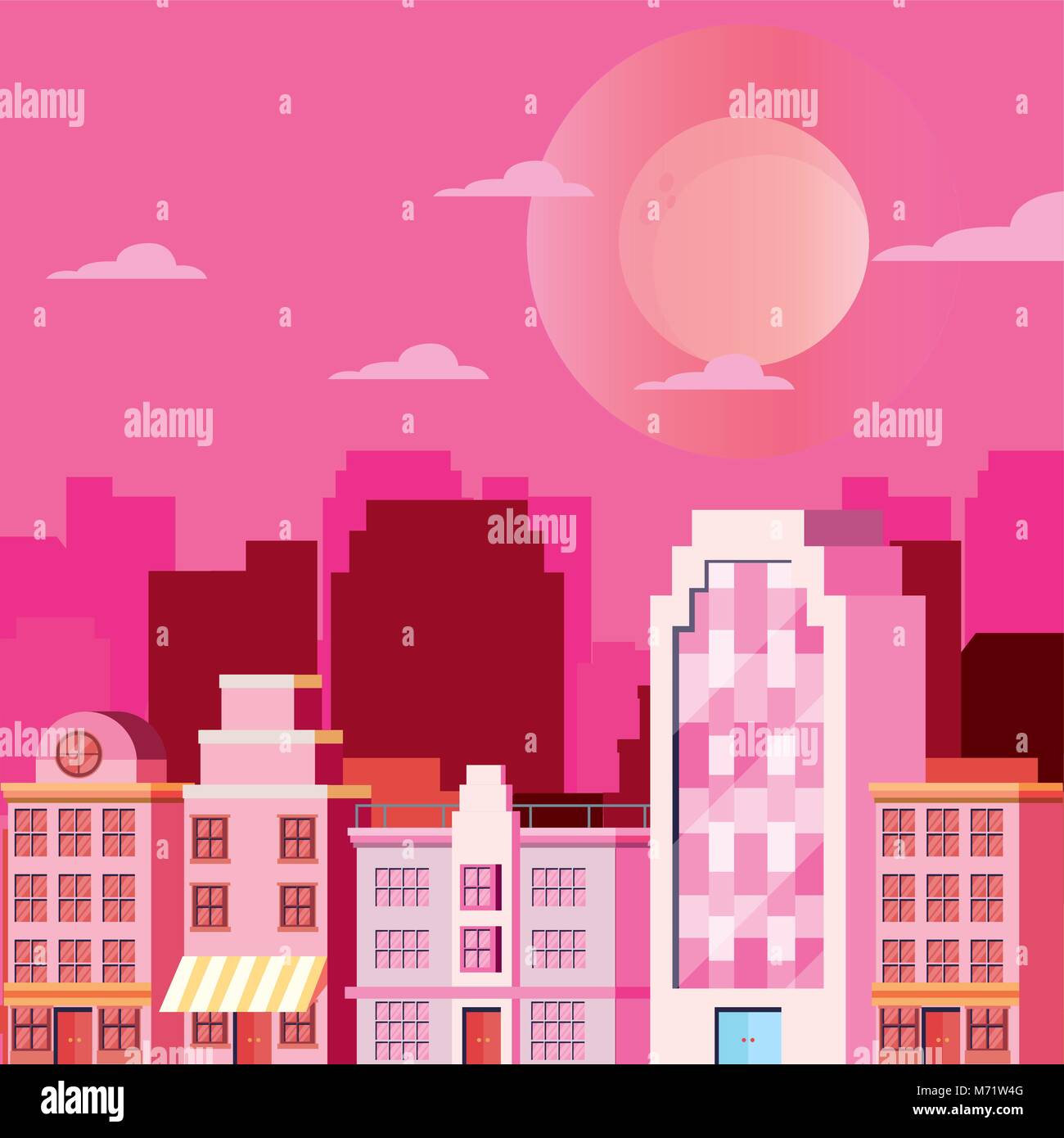 Old retro design of Urban city landscape, pink shading design. vector ...