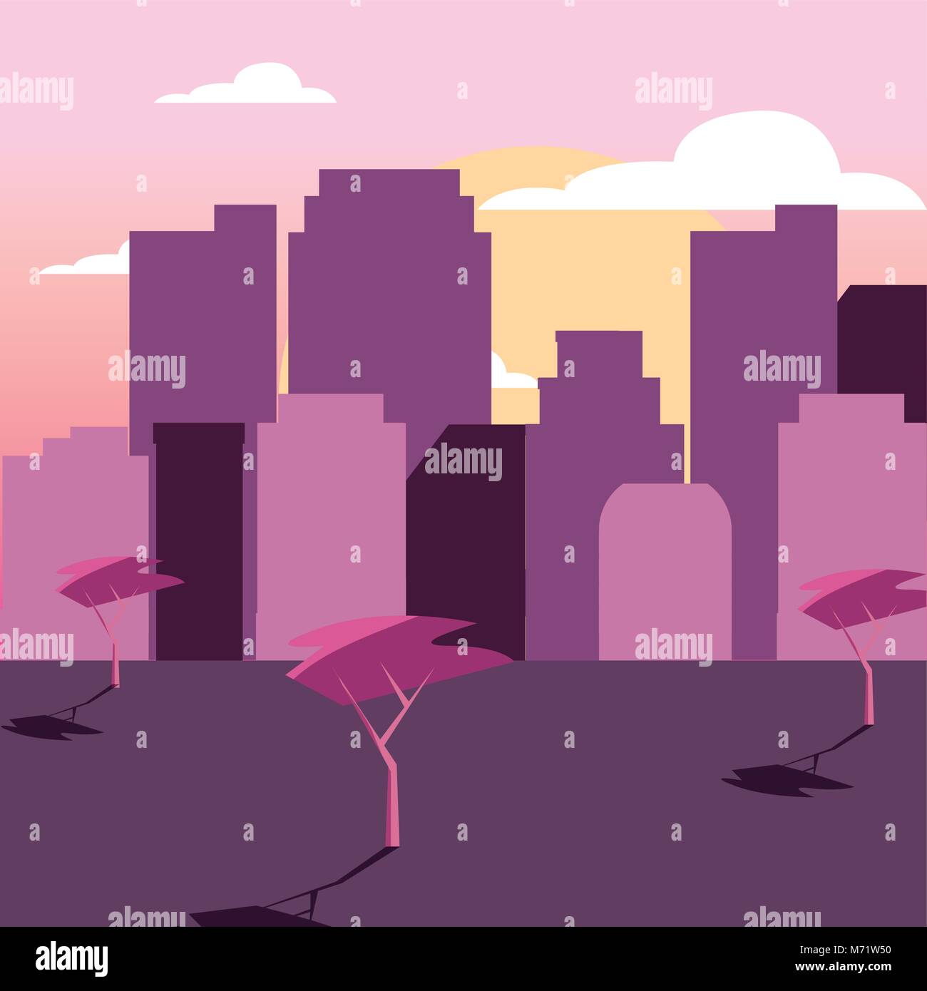 Landscape of urban city buildings and trees, purple shading design ...