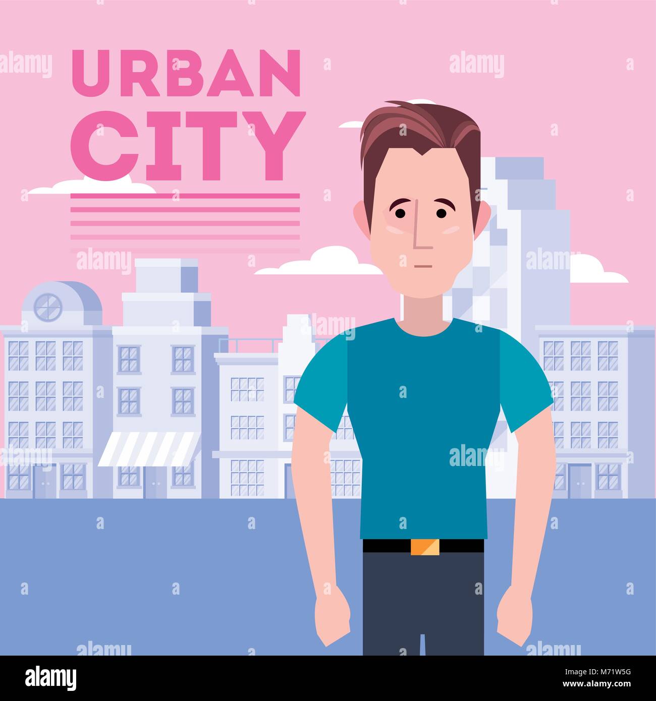 cartoon young man over urban city landscape, colorful design vector ...