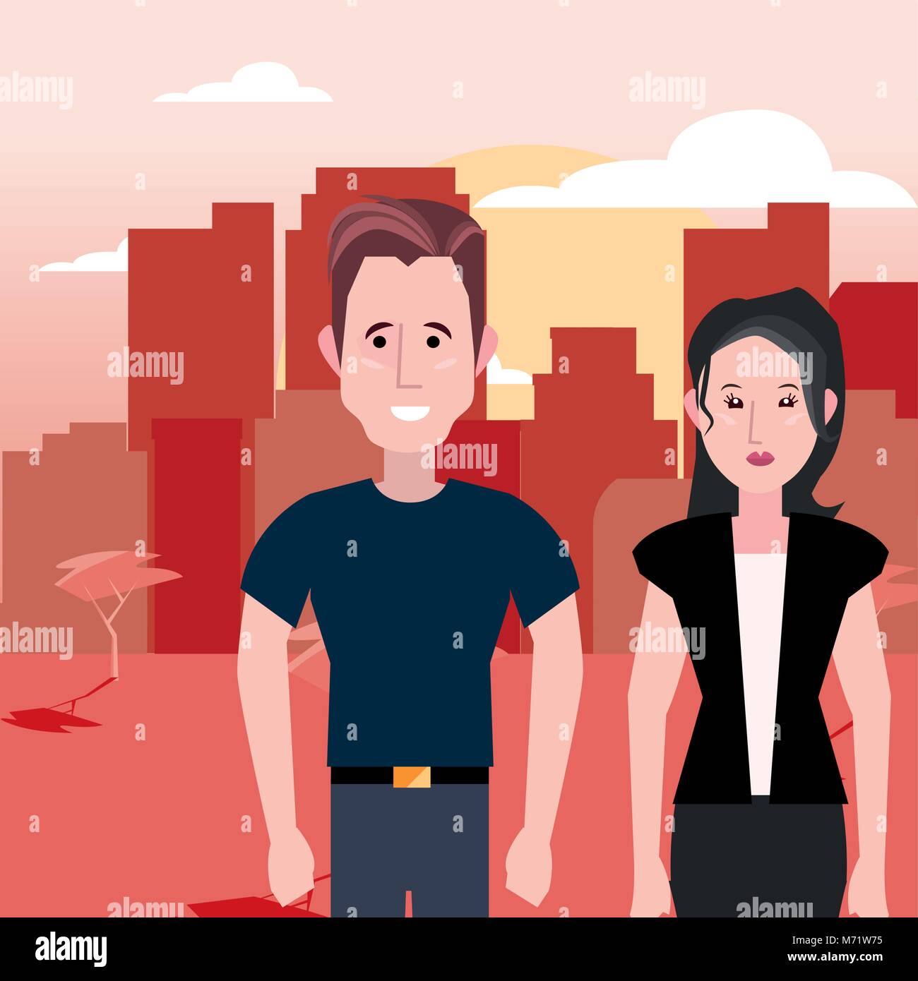 cartoon young man and woman standing over urban city background, vector ...