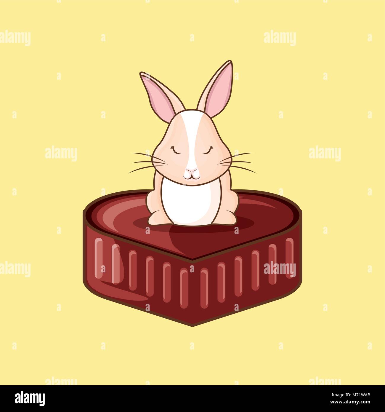 Cute bunny on a chocolate candy over yellow background, colorful design ...