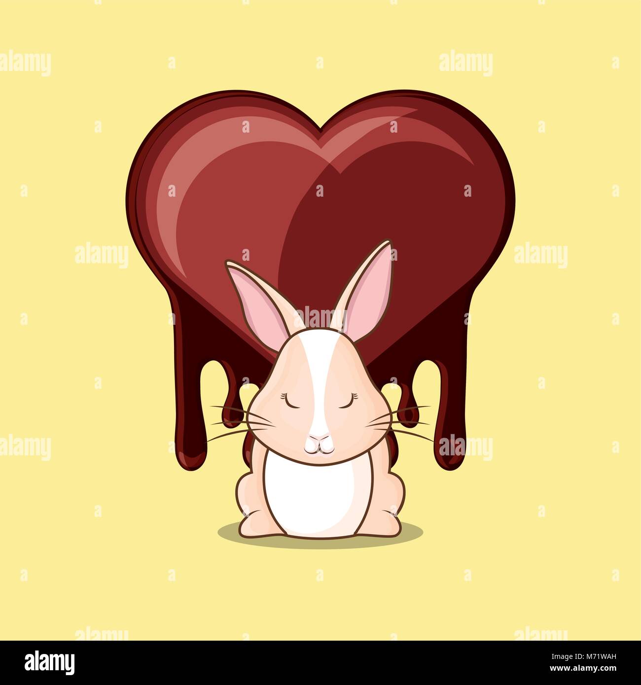 Cute bunny with melted chocolate heart over yellow background, colorful ...