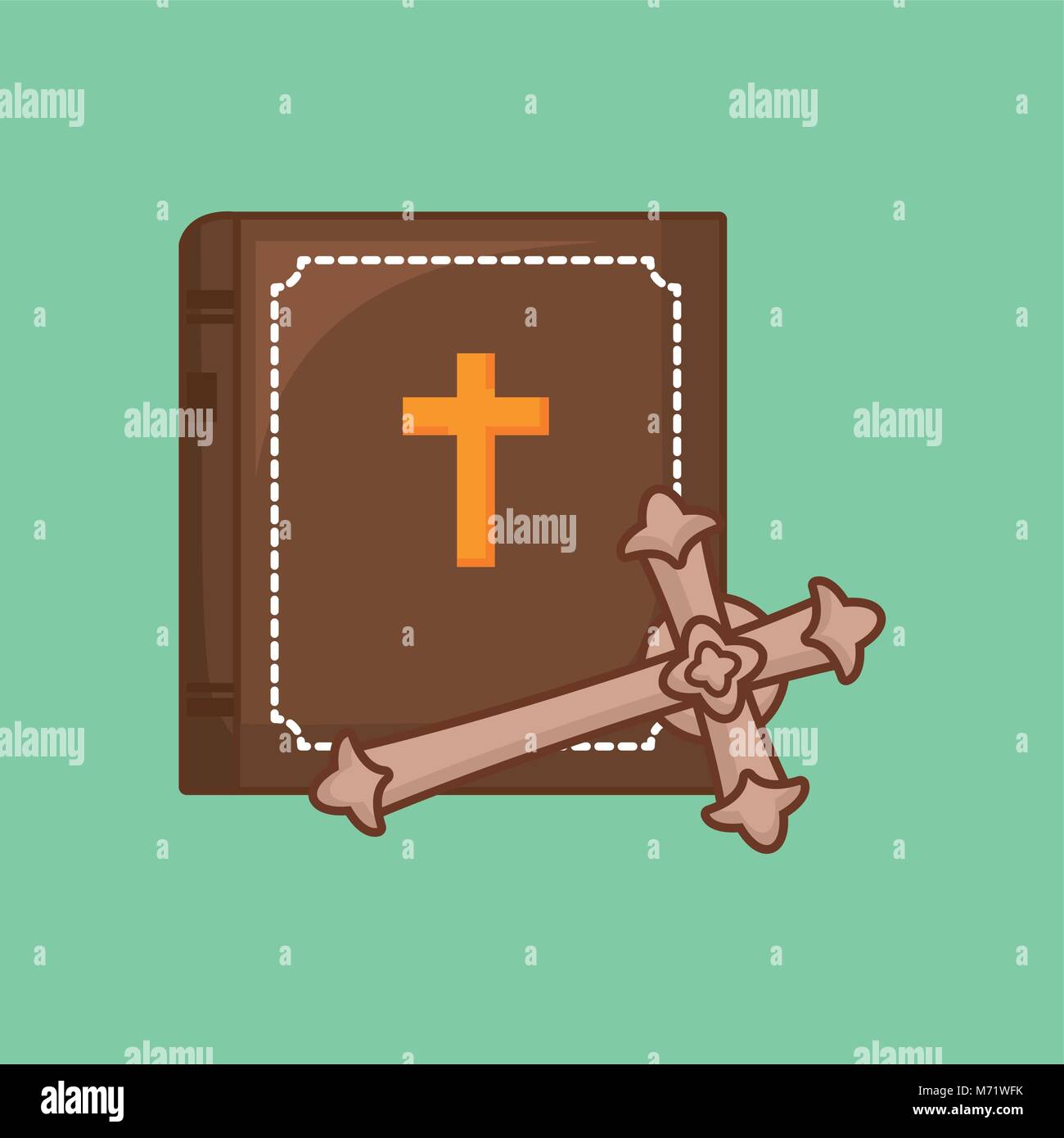 bible and christian cross over green background, colorful design vector ...
