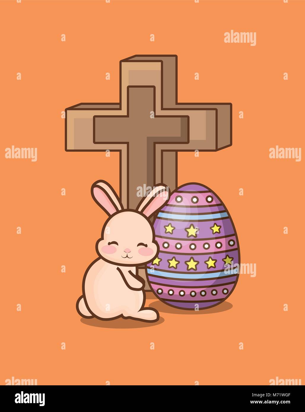 Cute bunny with christian cross and easter egg over orange background ...