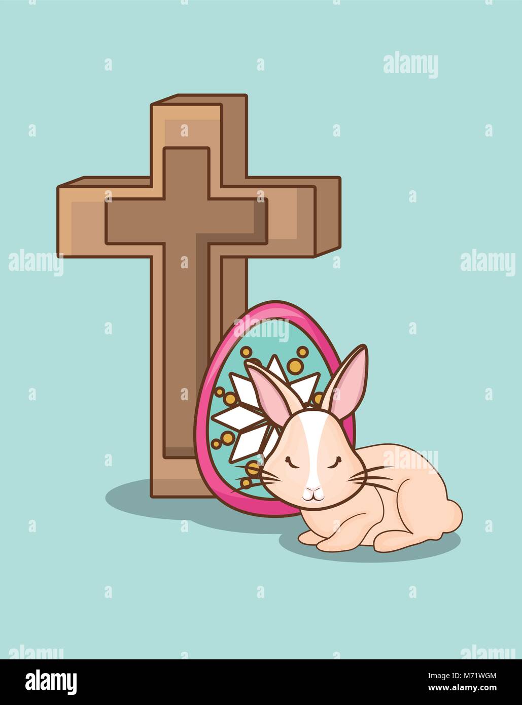 Cute bunny with christian cross and easter egg over blue background ...