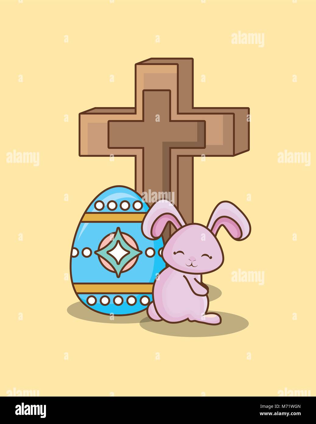 Cute bunny with christian cross and easter egg over yellow background ...