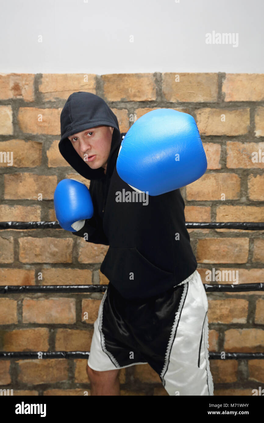 Boxer Fighter With Hoodie and Blue Boxing Gloves Stock Photo - Alamy