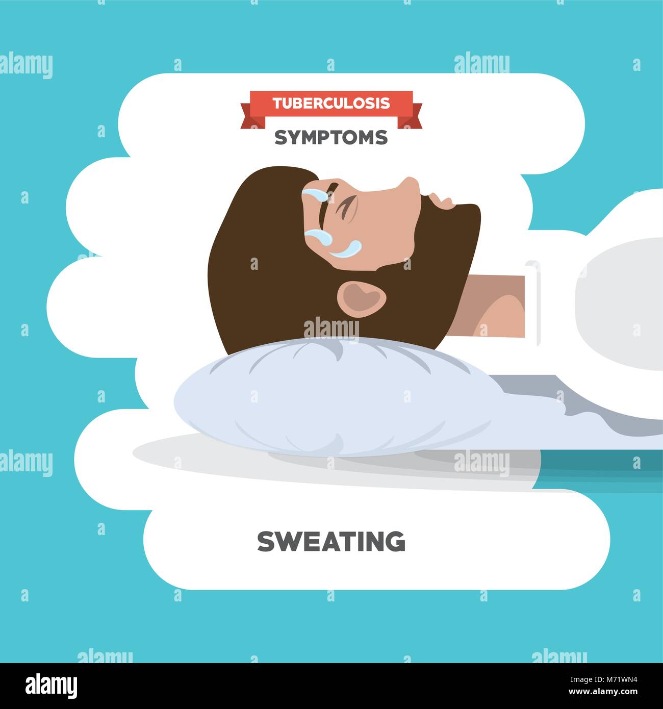 Tuberculosis symptoms design with cartoon man sweating over white and ...
