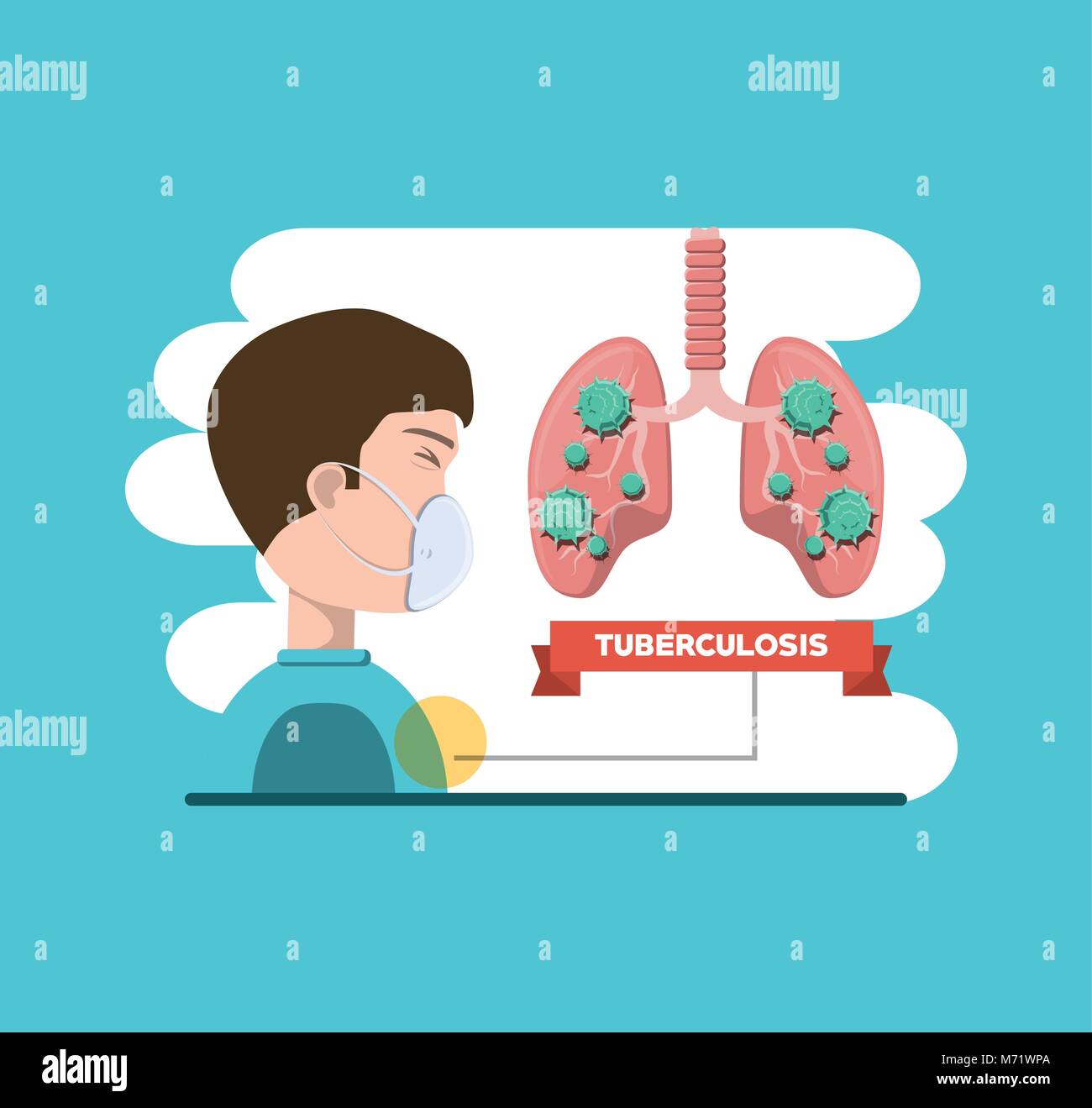 Tuberculosis design with lungs and man with surgical mask over blue and ...