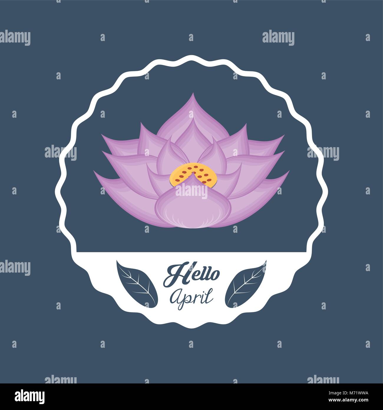 Hello april design with decorative frame with lotus flower icon over blue background, colorful ...