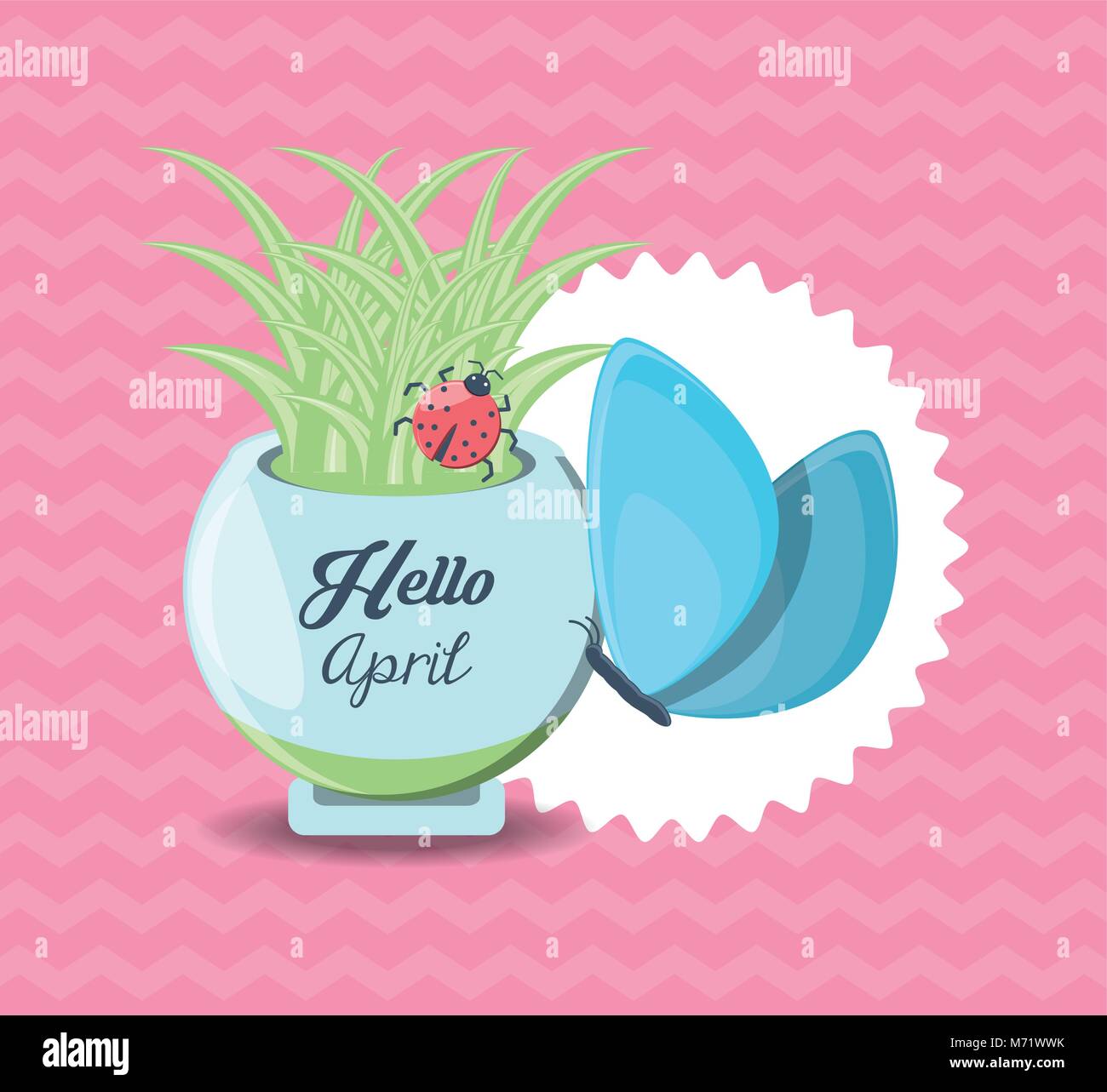 Hello april design with plant pot and butterfly over pink background ...
