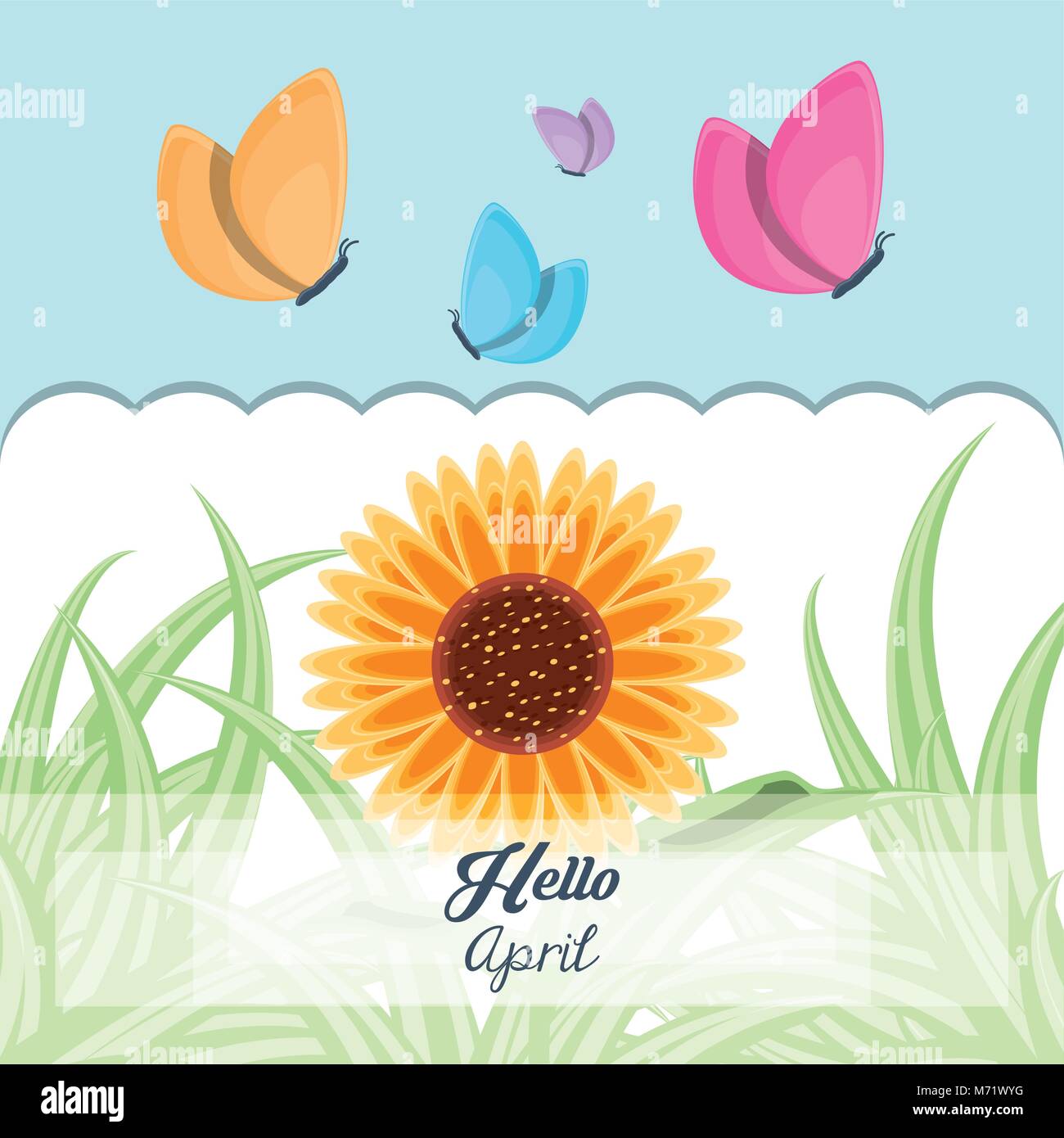 Hello april design with beautiful sunflower and butterflies icon ...