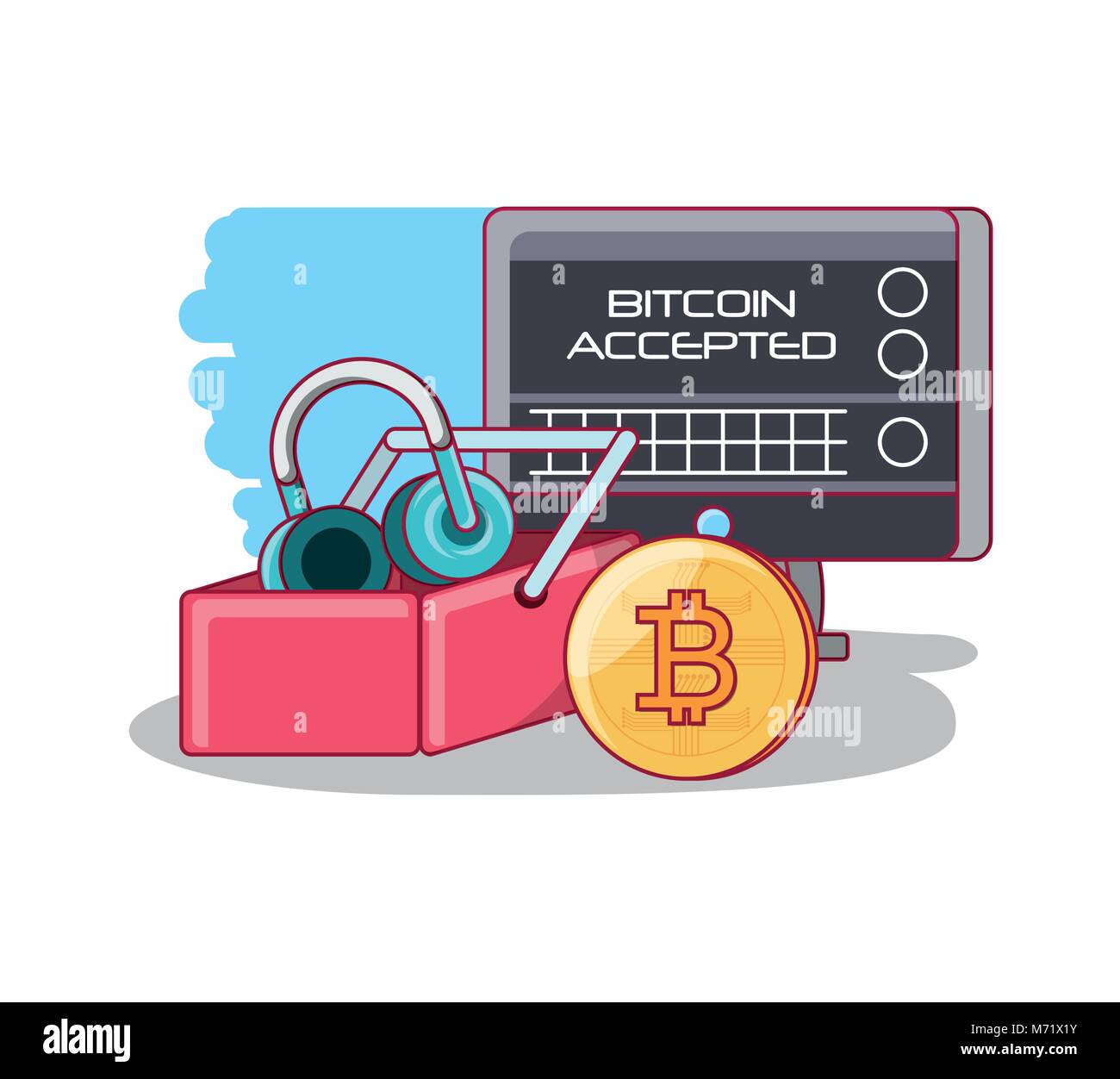 bitcoin accepted design with computer and shopping basket with ...