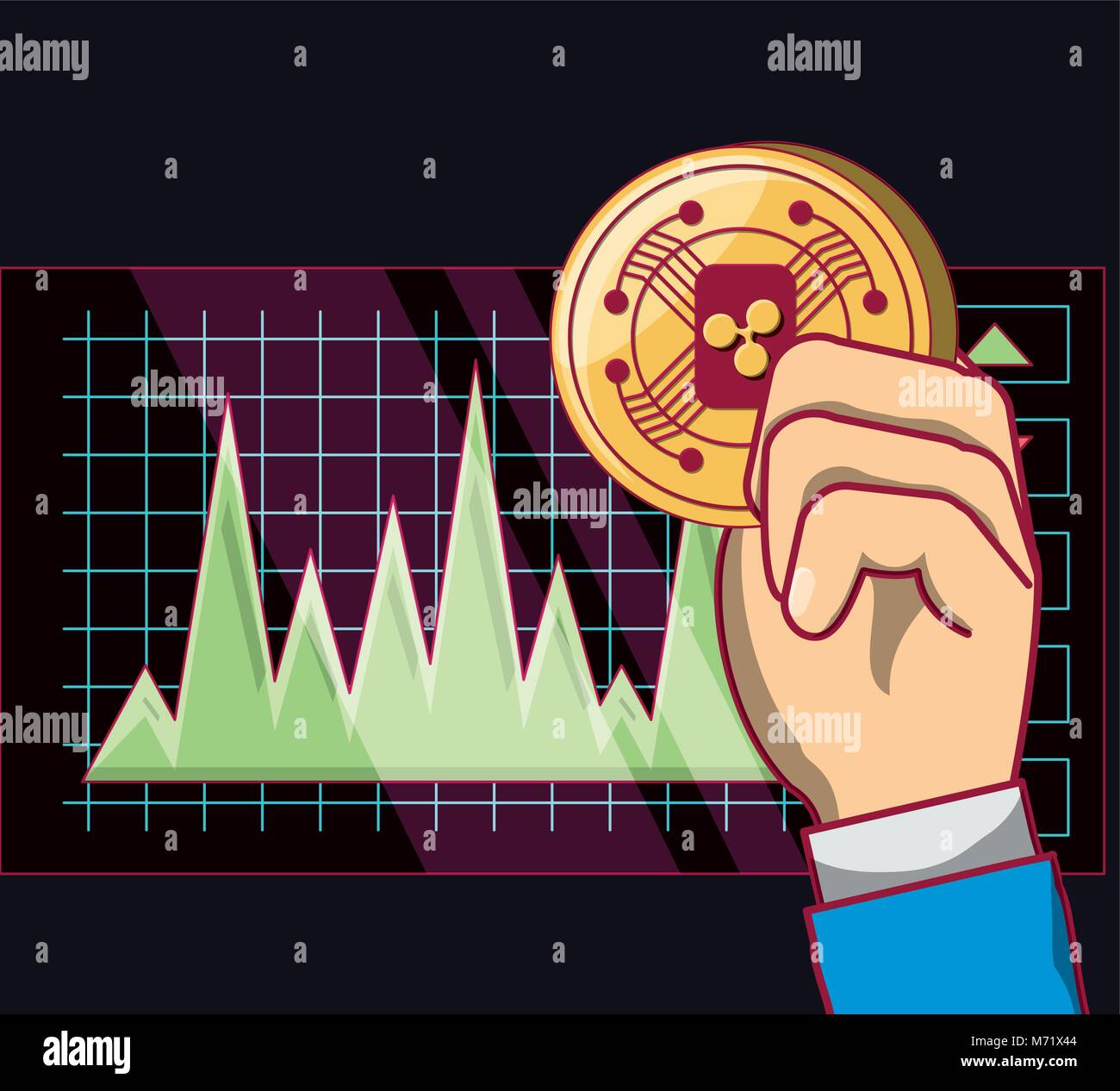 Hand holding a bitcoin coin over graphic chart and black background ...