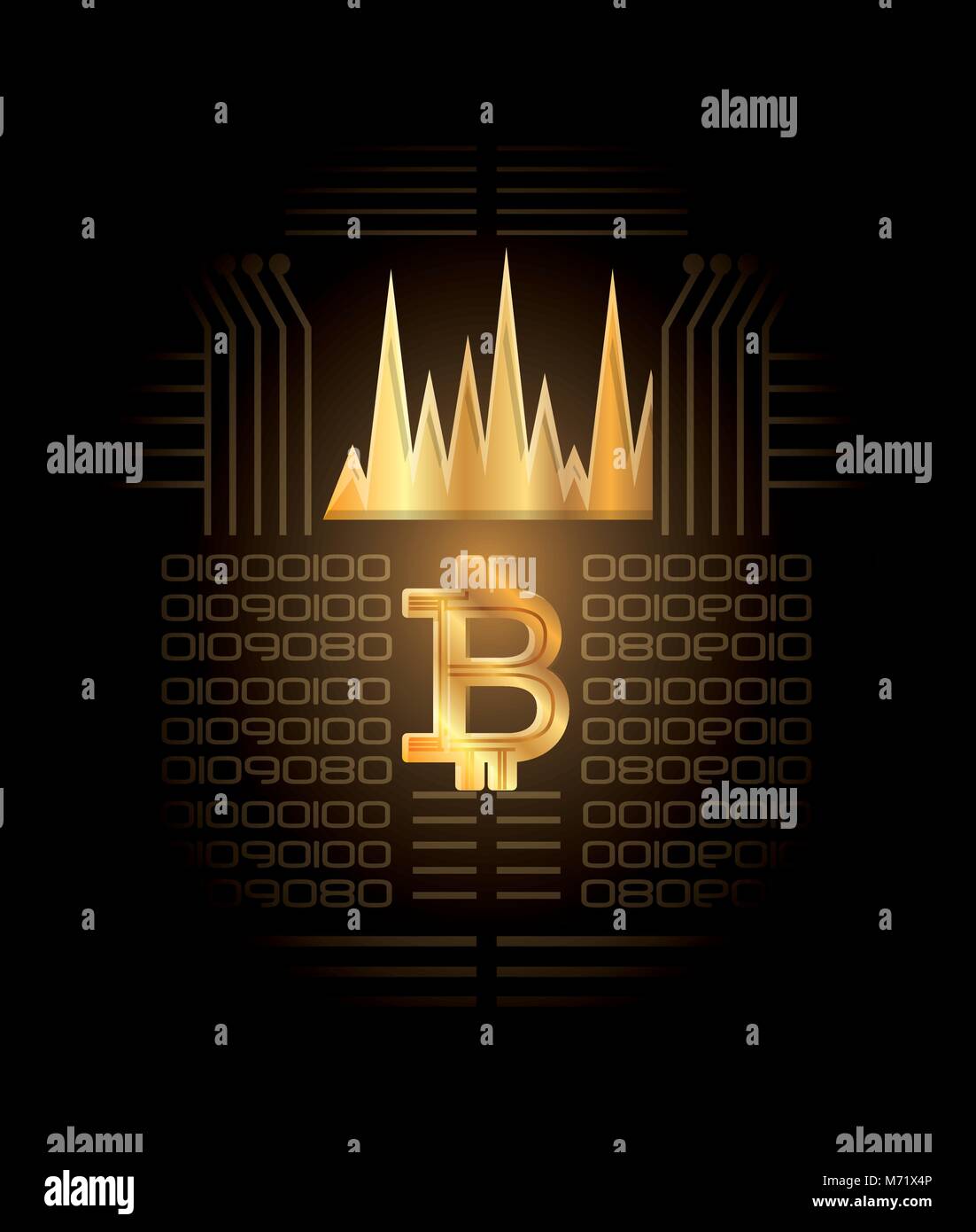 golden bitcoin symbol and graphic chart over black background, colorful design vector ...