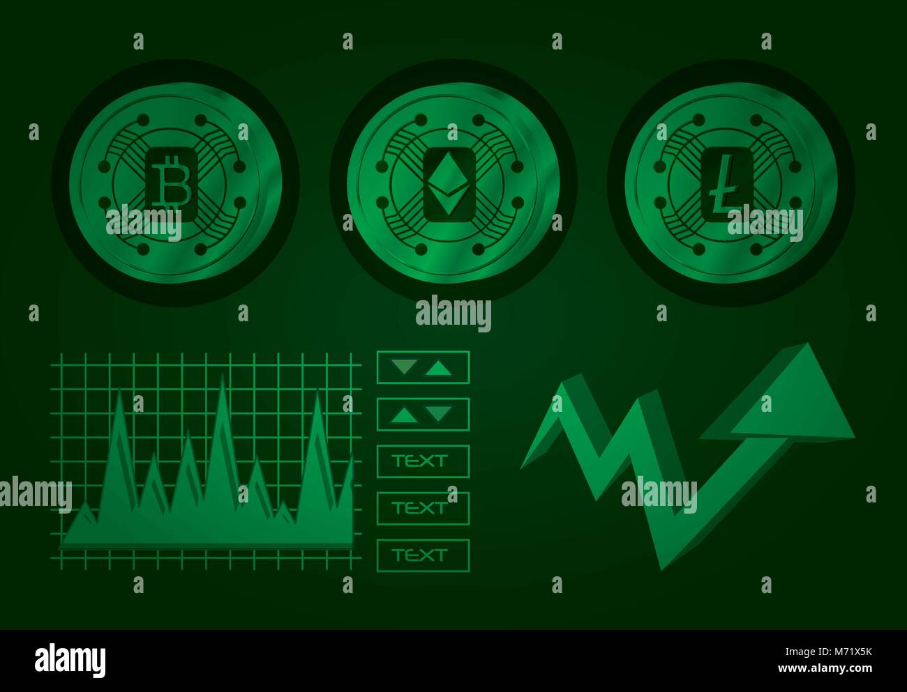 Green shading design of coins of different types of cryptocurrency and ...