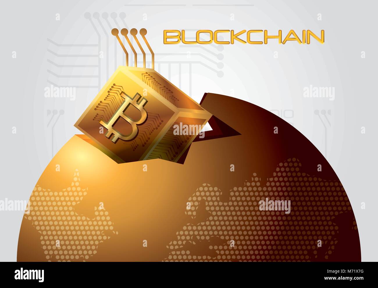 blockchain design with earth planet and cube with bitcoin symbol over ...