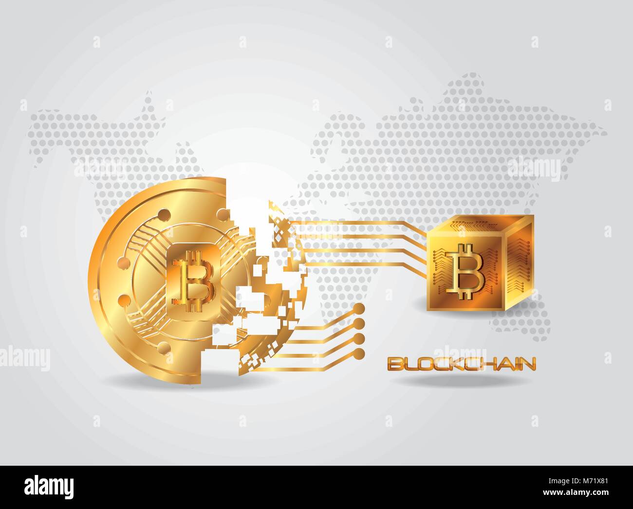 Blockchain design with disintegrated bitcoin coin over gray background ...