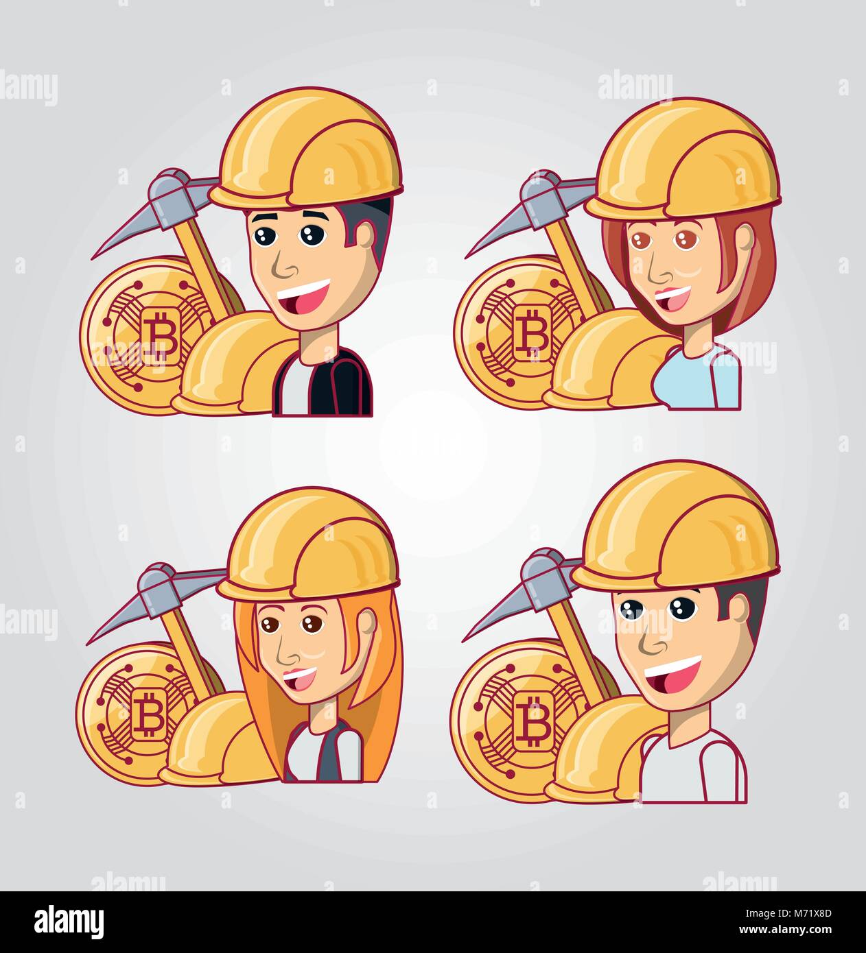 Cryptoccurrency mining design with cartoon people and pickaxe over gray ...