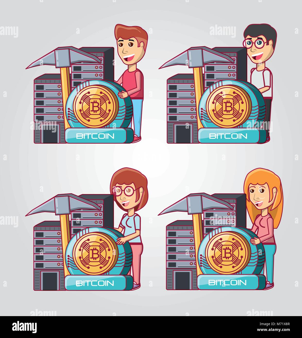 Cryptoccurrency mining design with cartoon people and pickaxe over gray ...