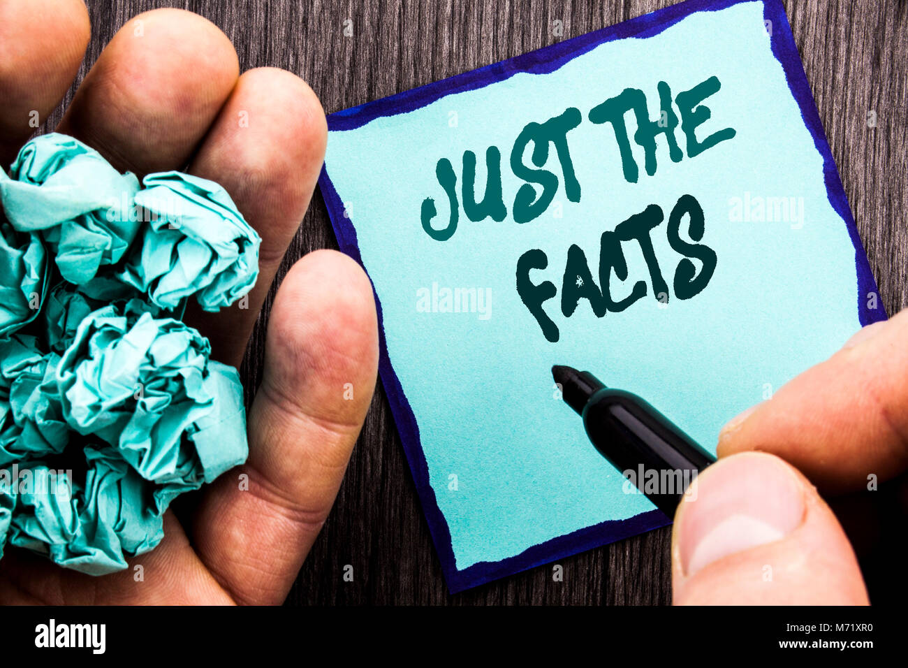 Announcement text showing Just The Facts. Business concept for Truth ...