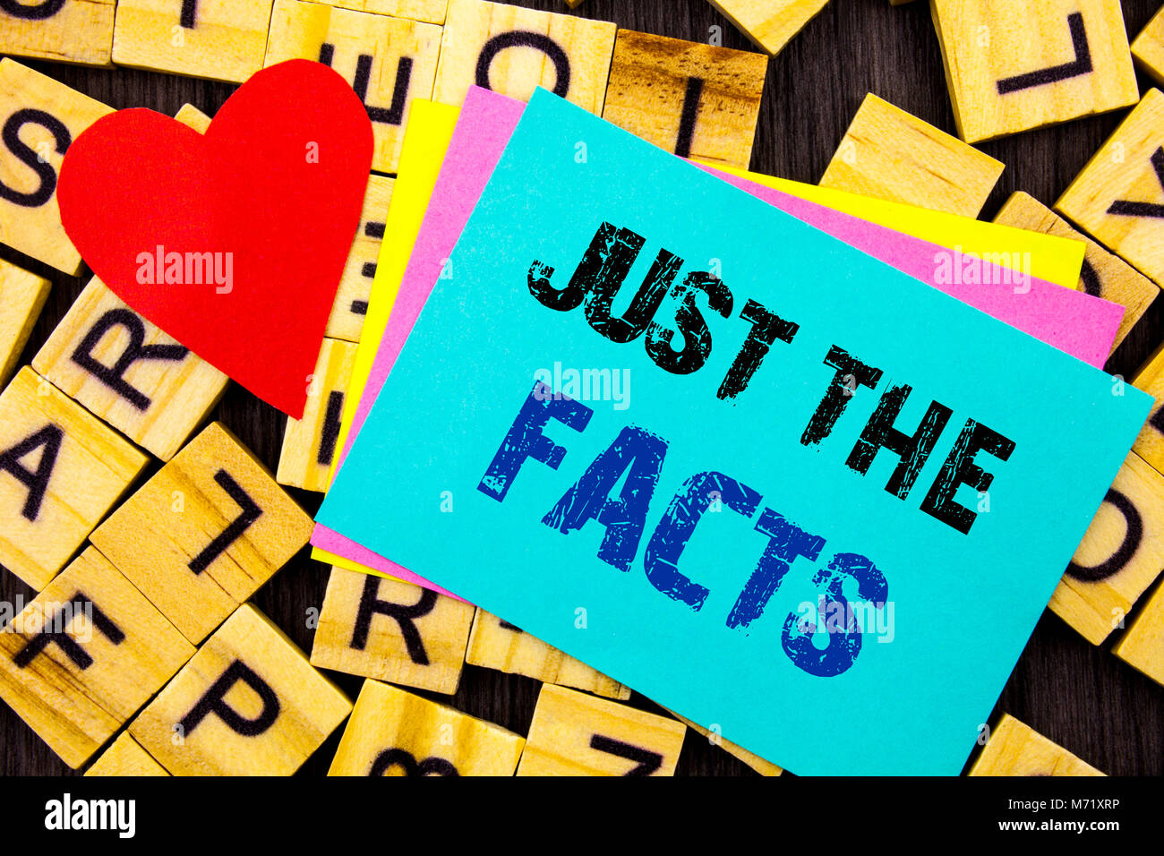 Handwritten text showing Just The Facts. Conceptual photo Truth Fact ...