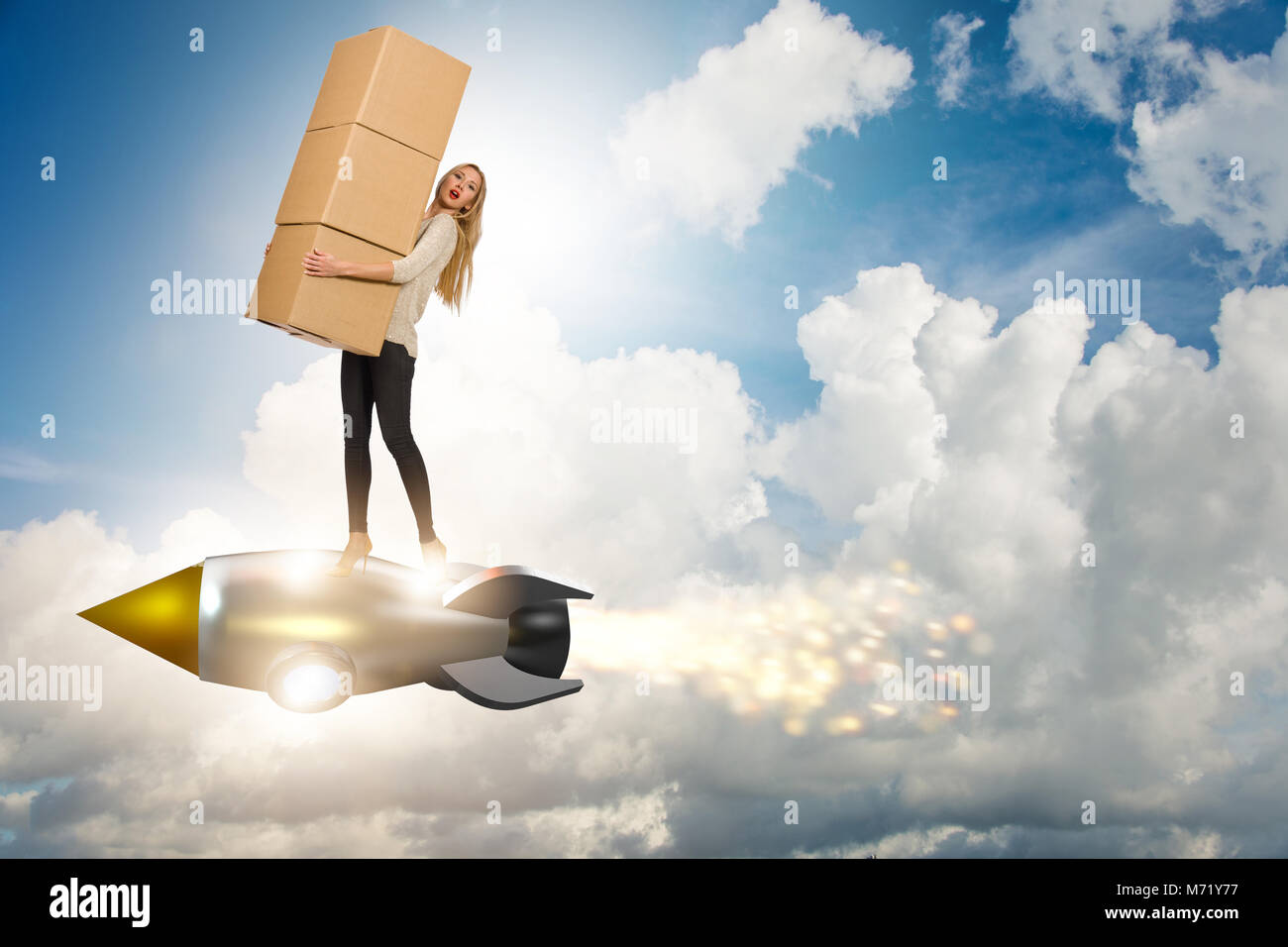 Woman in fast box delivery service on rocket Stock Photo - Alamy