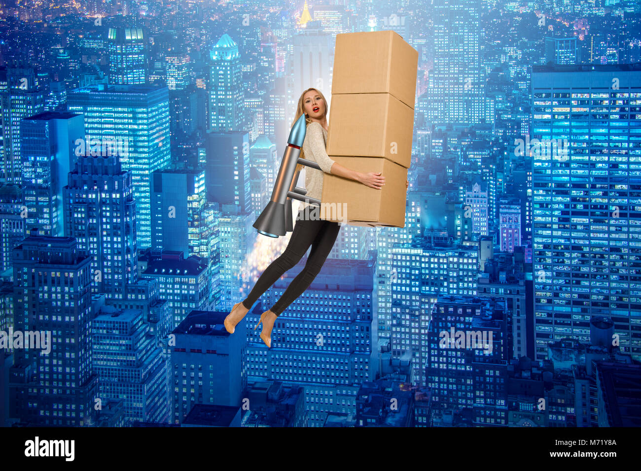 Woman in fast box delivery service on rocket Stock Photo - Alamy