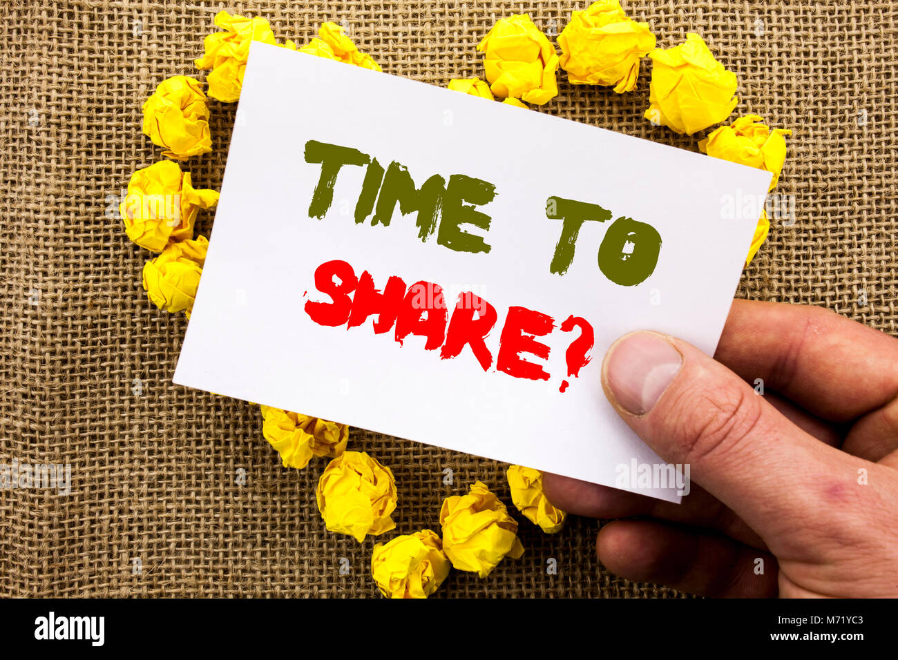 Handwritten text sign showing Time To Share Question. Conceptual photo ...