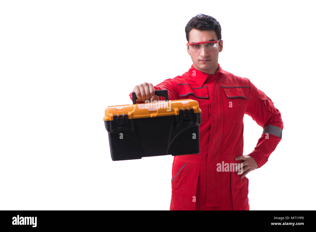 Contractor worker in red coveralls with toolbox isolated on white Stock ...