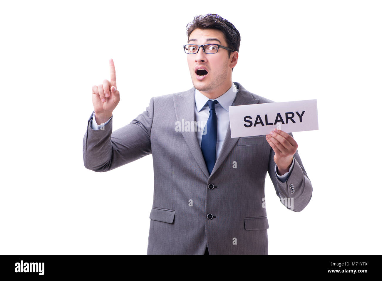 Businessman asking for salary increase isolated on white background ...