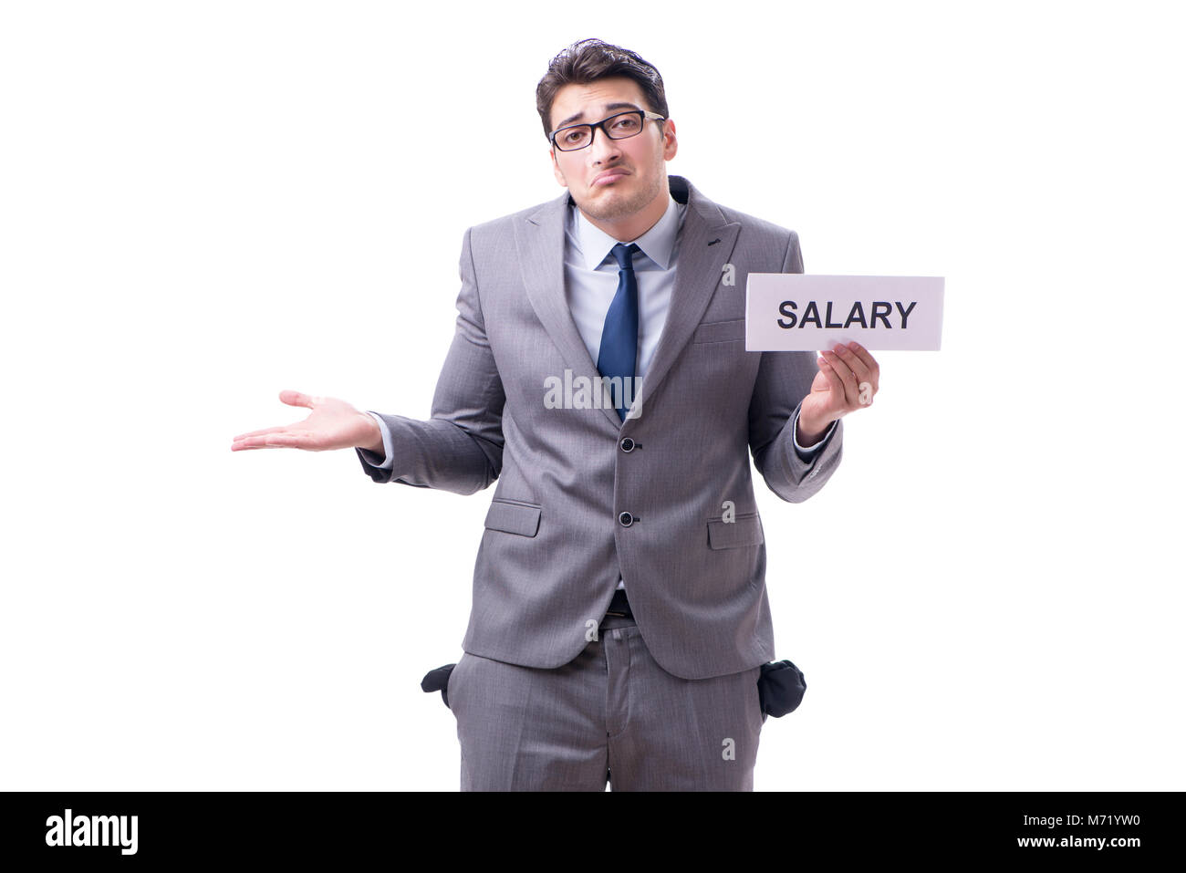 Businessman asking for salary increase isolated on white background ...