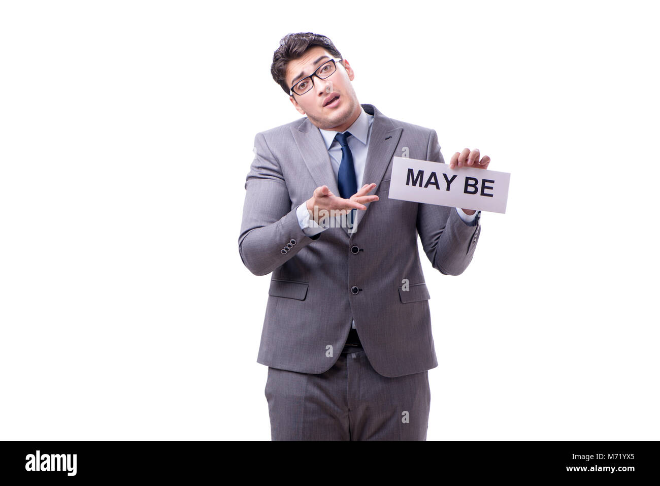 Businessman saying may be isolated on white background Stock Photo - Alamy