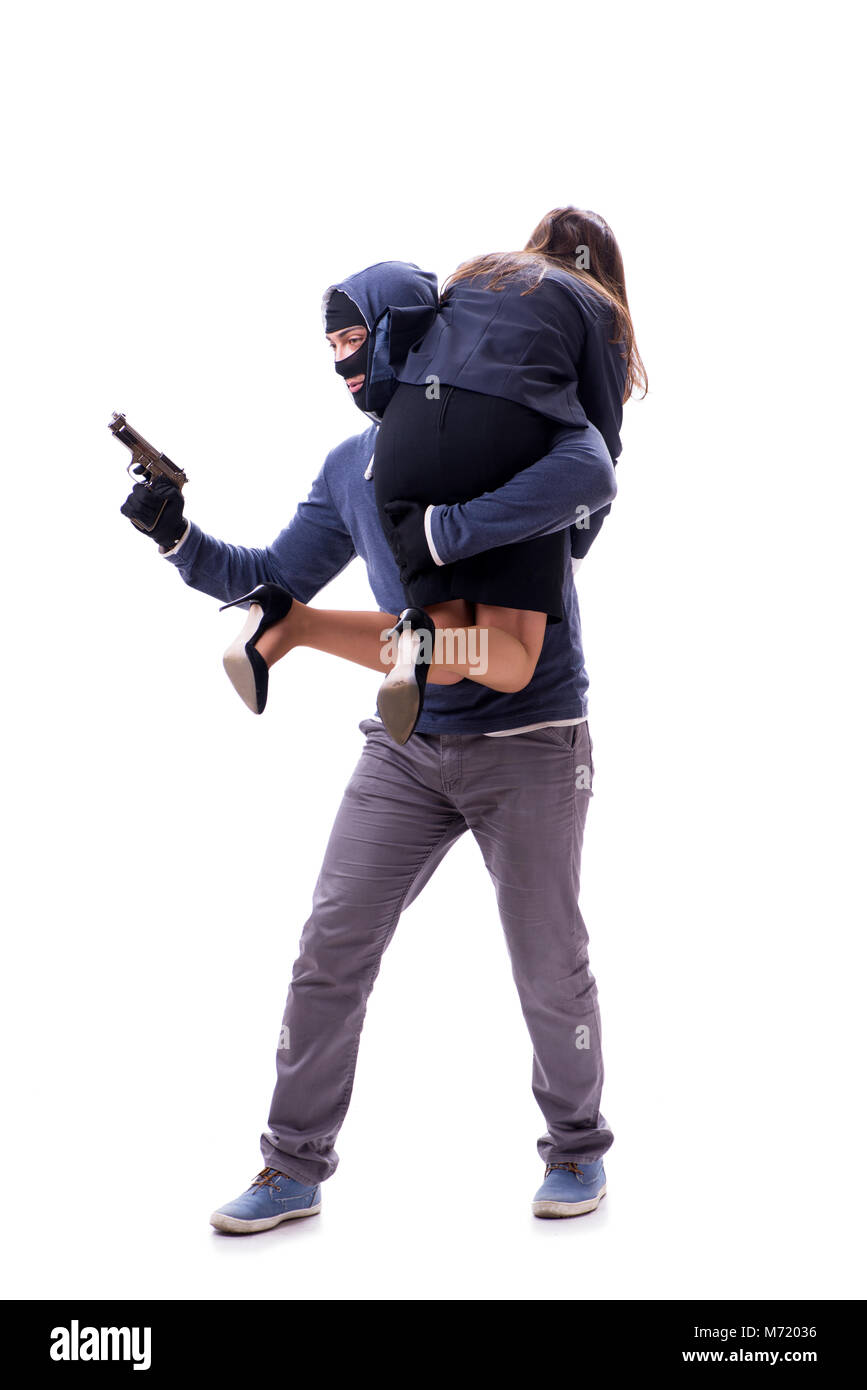 Businesswoman is kidnapped by the gunman Stock Photo - Alamy