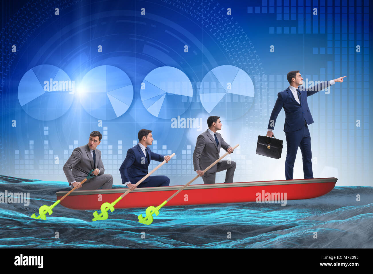 Team of businessmen in teamwork concept with boat Stock Photo - Alamy
