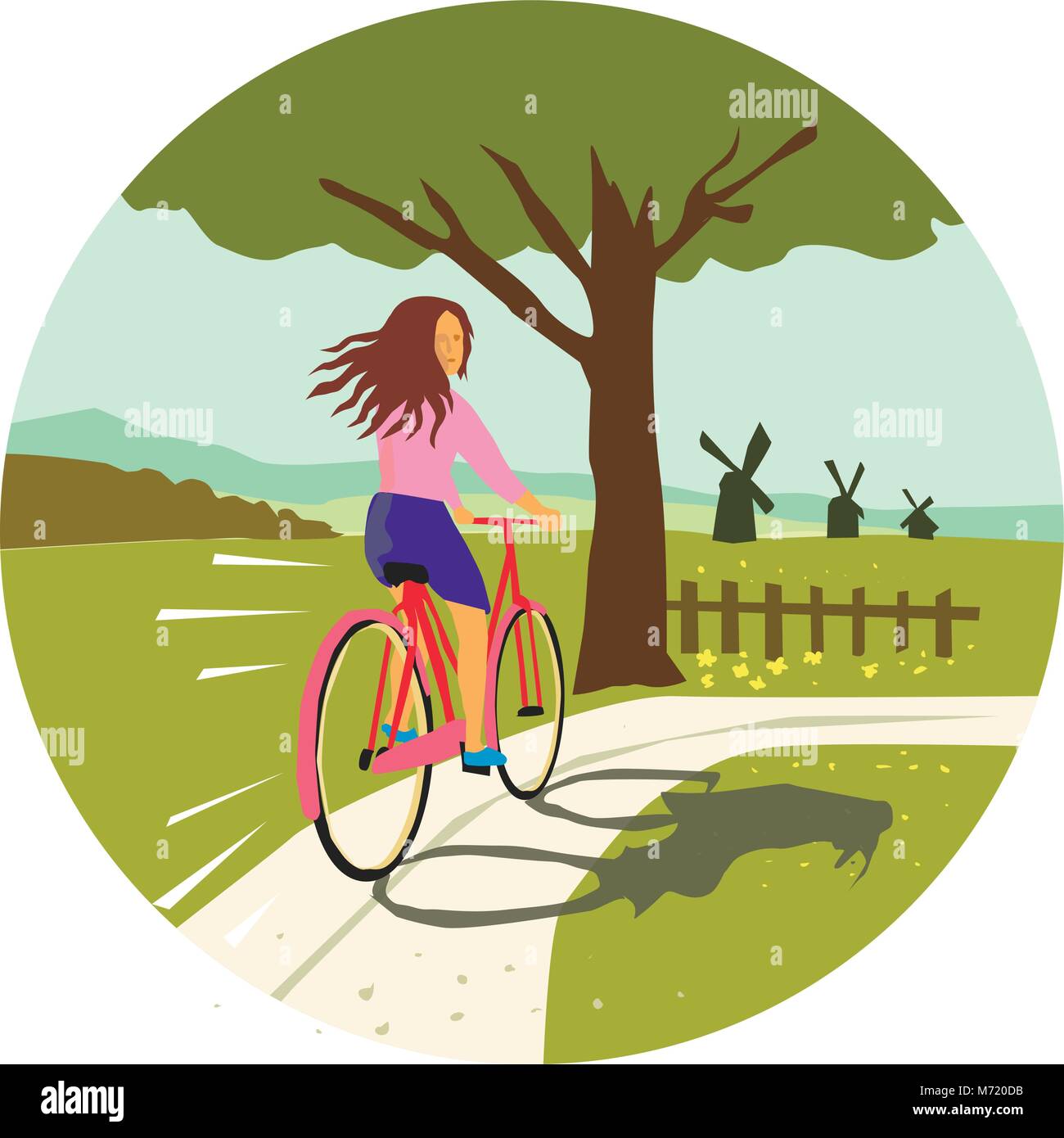 Retro style illustration of a girl riding a vintage cruiser bicycle ...