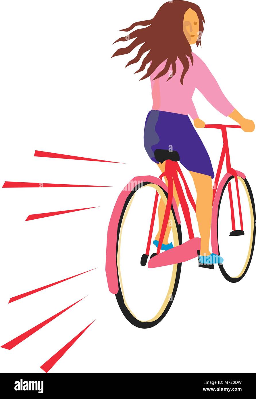 Retro style illustration of a girl riding a vintage cruiser bicycle ...