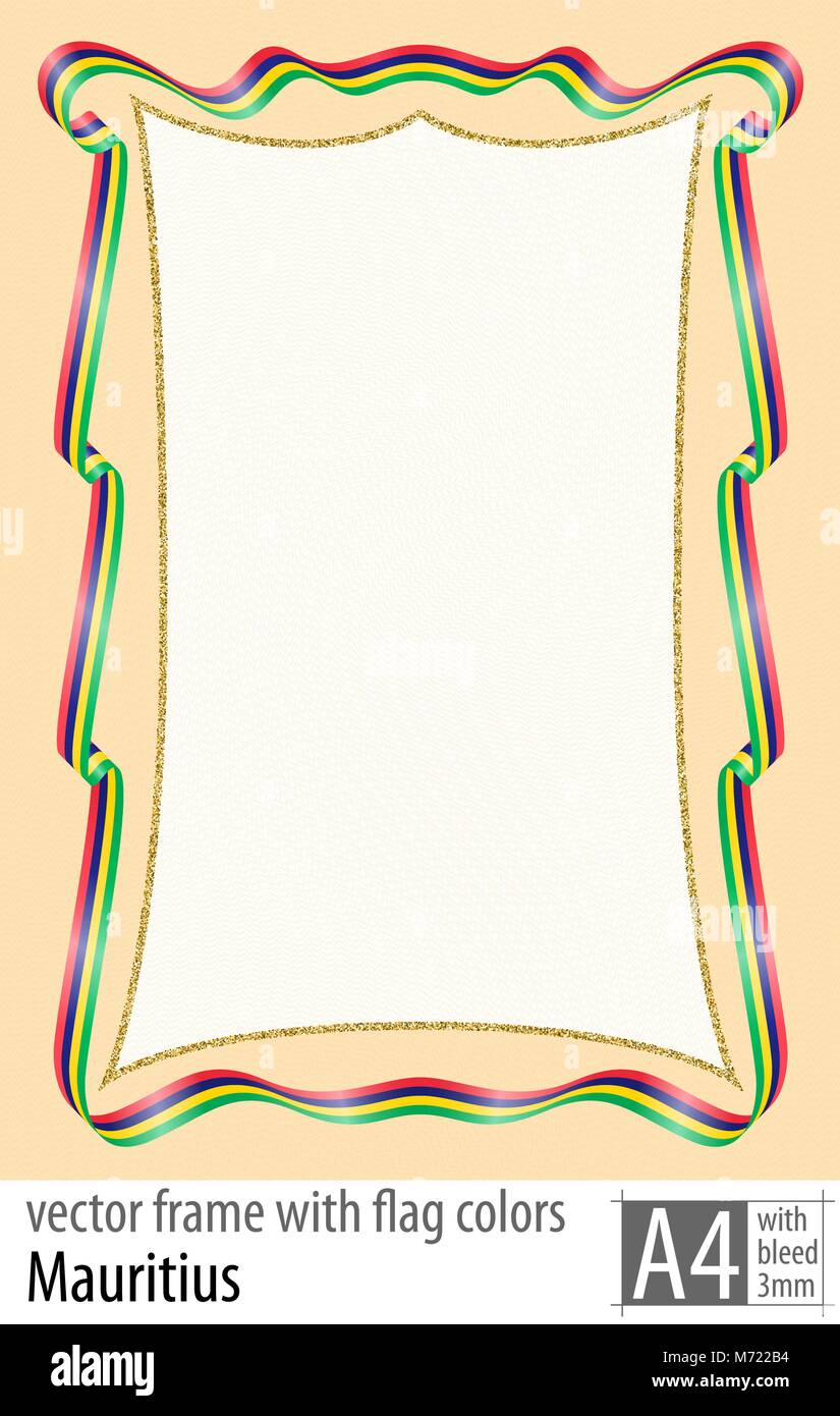 Frame and border of ribbon with the colors of the Mauritius flag, with ...