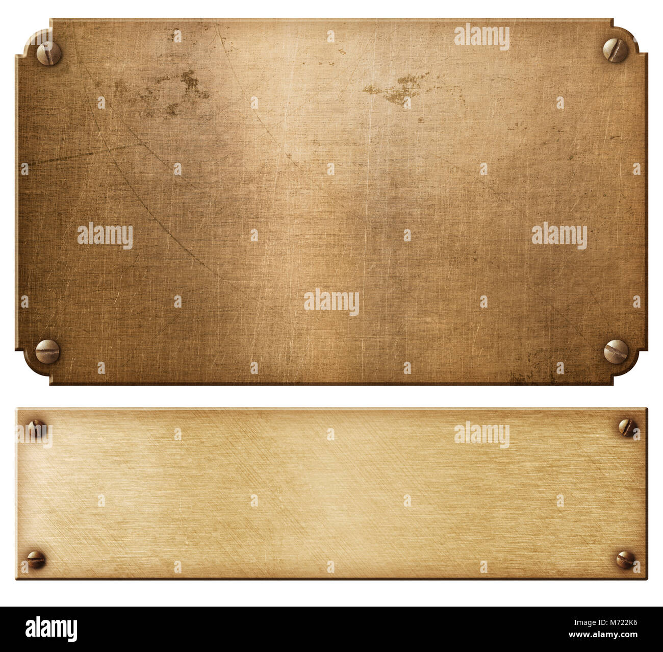 old copper metal plates or nameboards with rivets isolated on white ...