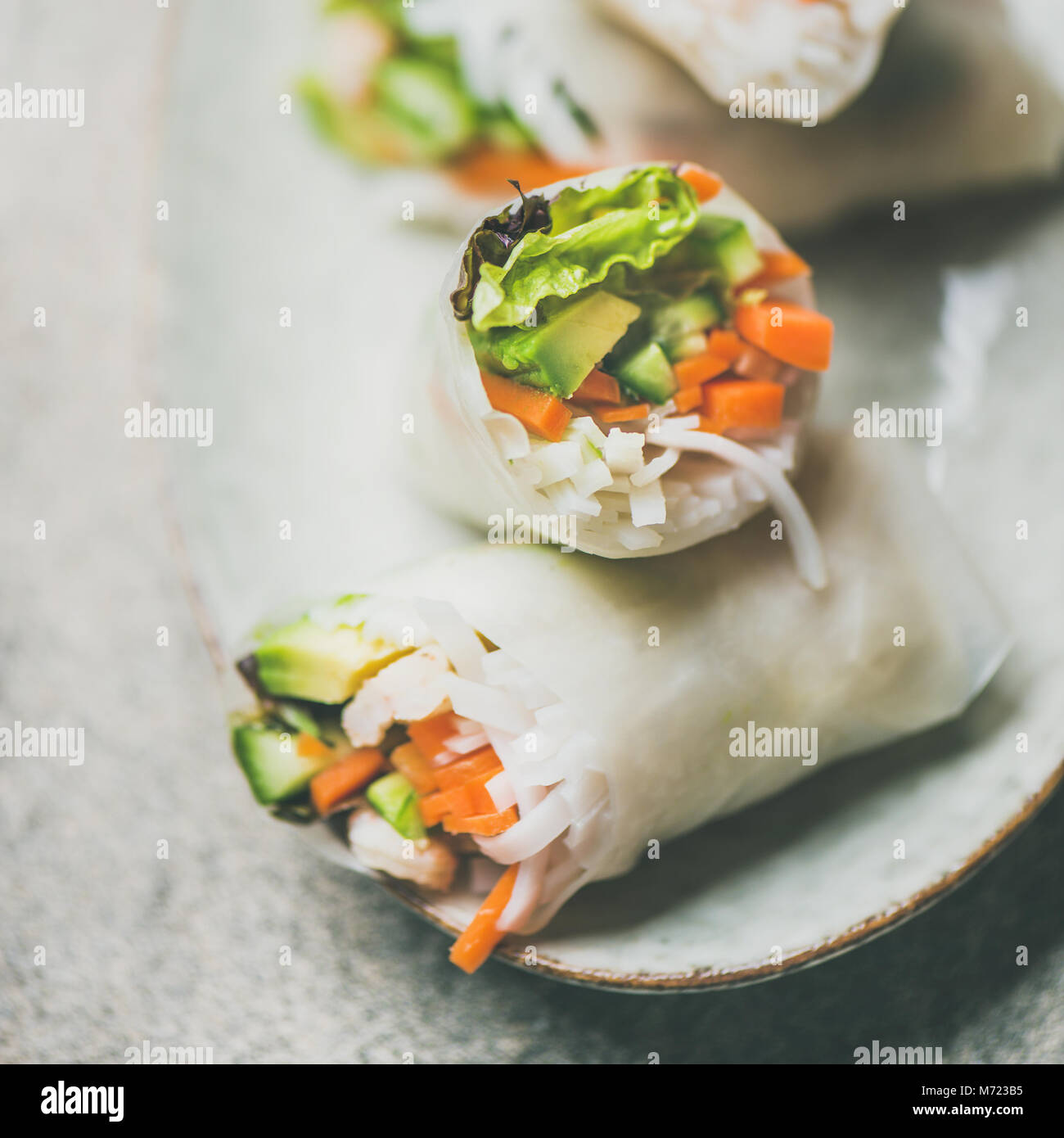Shrimp and vegetable rice paper spring rolls, square crop Stock Photo ...