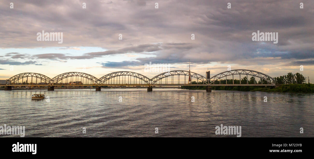 Panoramic View of a Bridge in Riga city in a summer evening Stock Photo ...