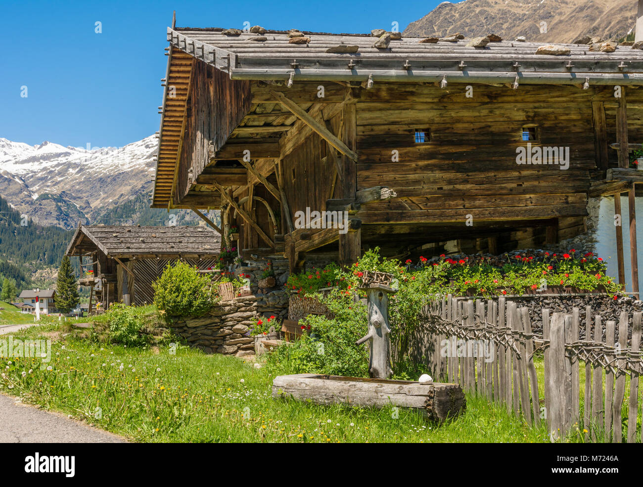 Wooden house typical in a alps village on Ridnaun Valley/Ridanna Valley ...