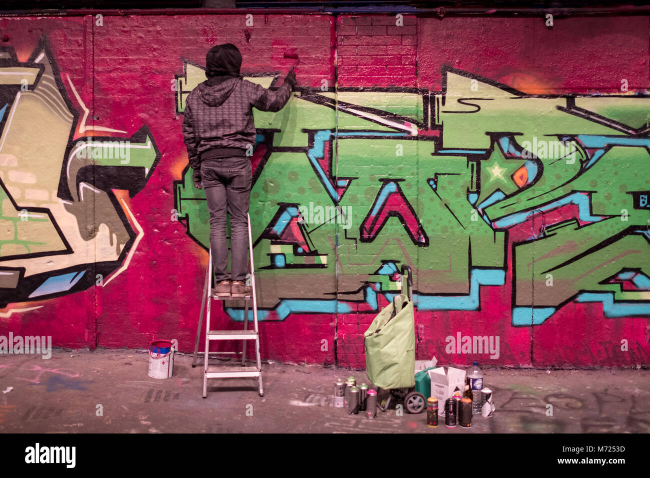 Man standing on a ladder painting graffiti, at Leake Street tunnel ...