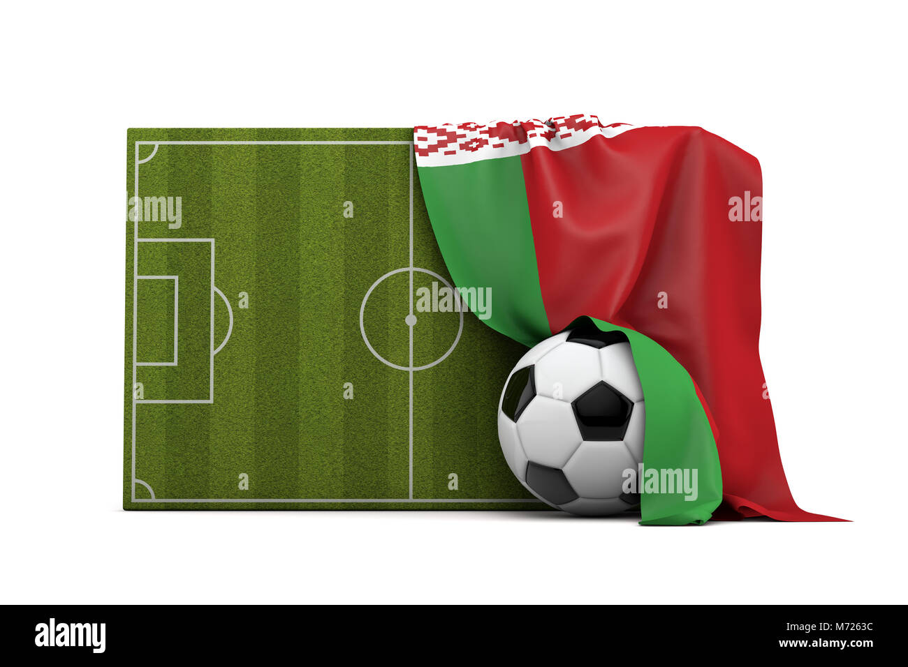 Belarus country flag draped over a football soccer pitch and ball. 3D ...
